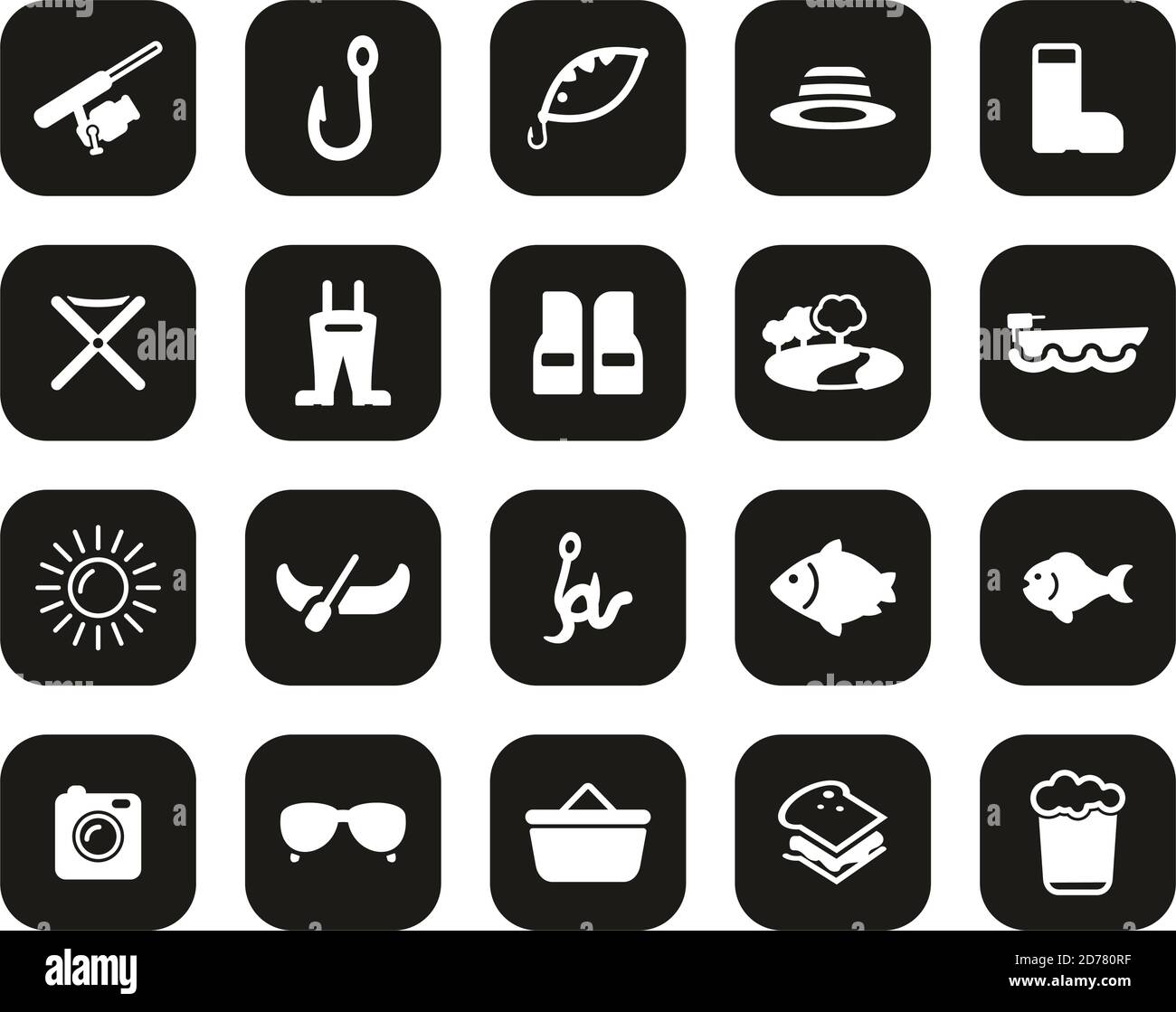 Fishing & Fishing Equipment Icons White On Black Flat Design Set Big ...