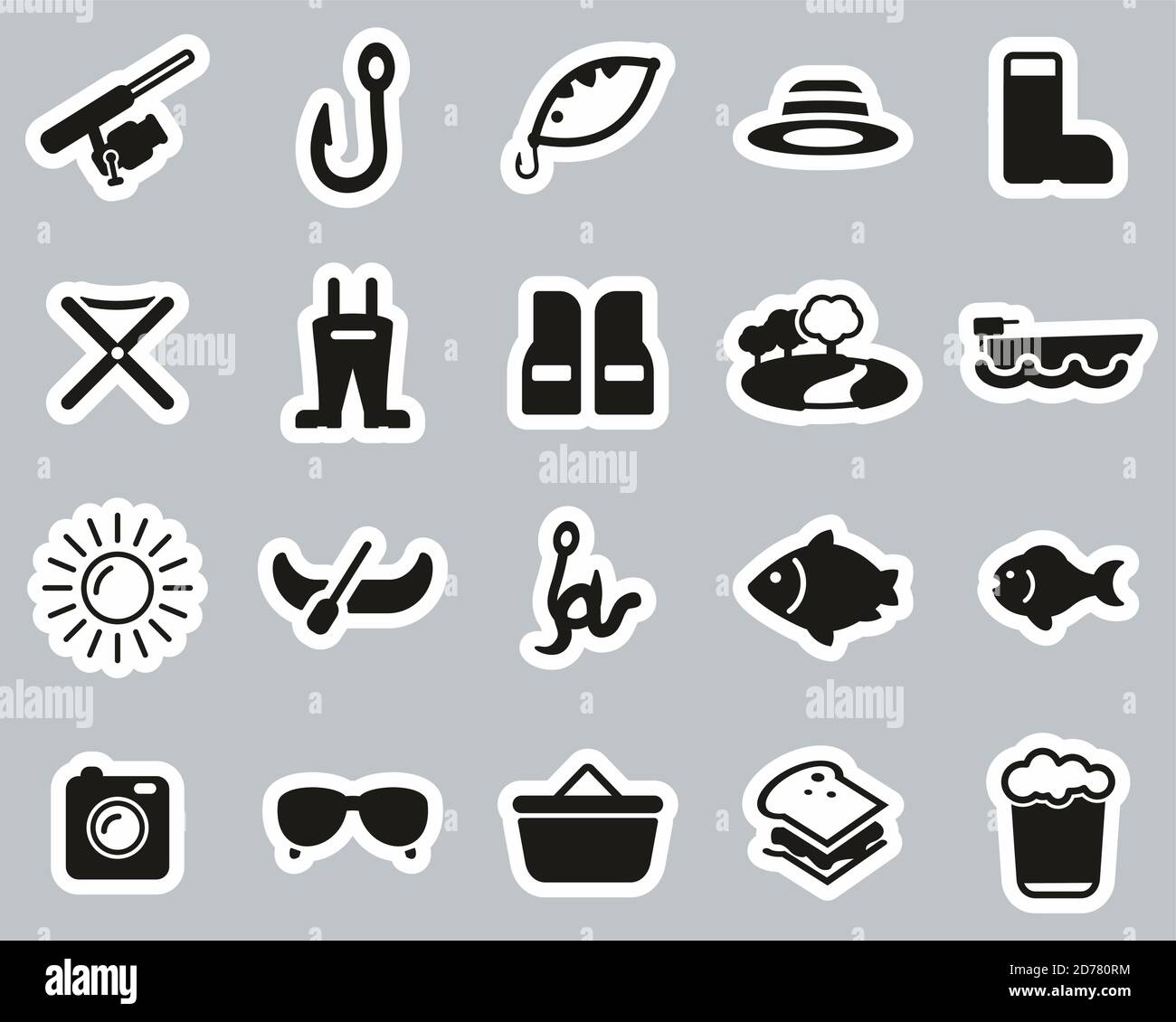 Fishing & Fishing Equipment Icons Black & White Stricker Set Big Stock ...