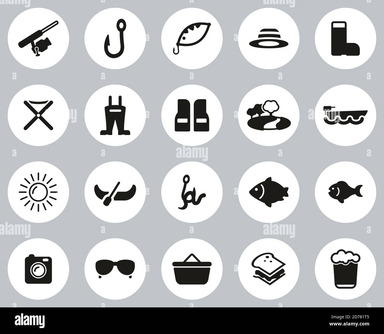 Fishing & Fishing Equipment Icons Black & White Flat Design Circle Set ...