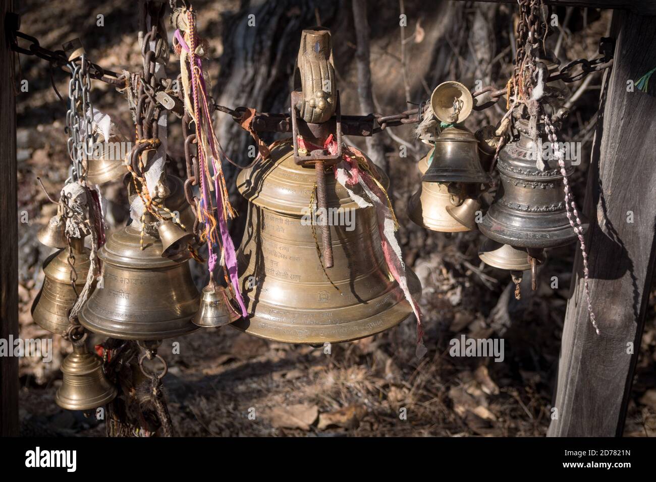 Nepal. Front view of Hindu bells at door of Muktinath temple. Annapurna ...