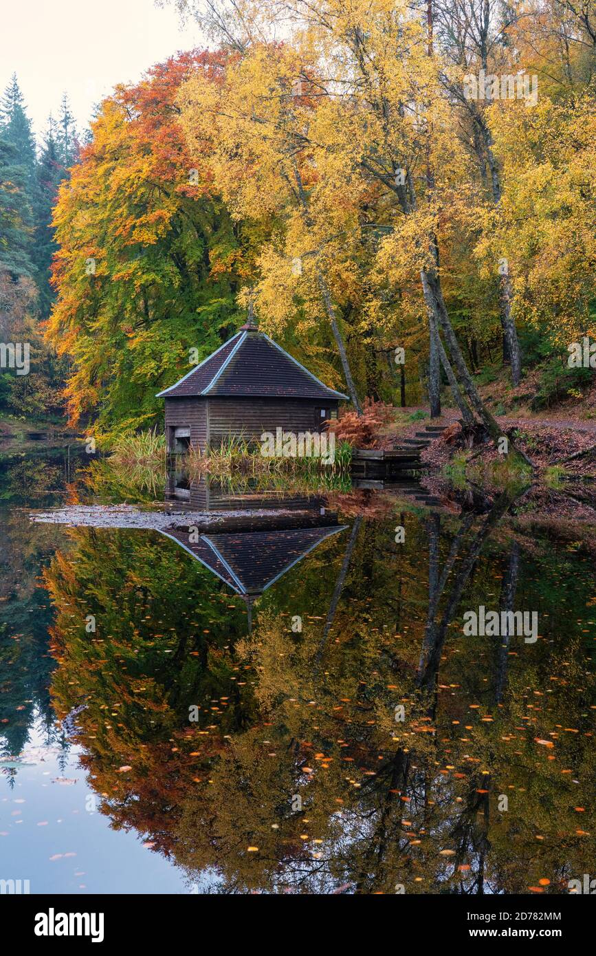 Autumn colours on woodland foliage and wooden boathouse at Loch Dunmore ...