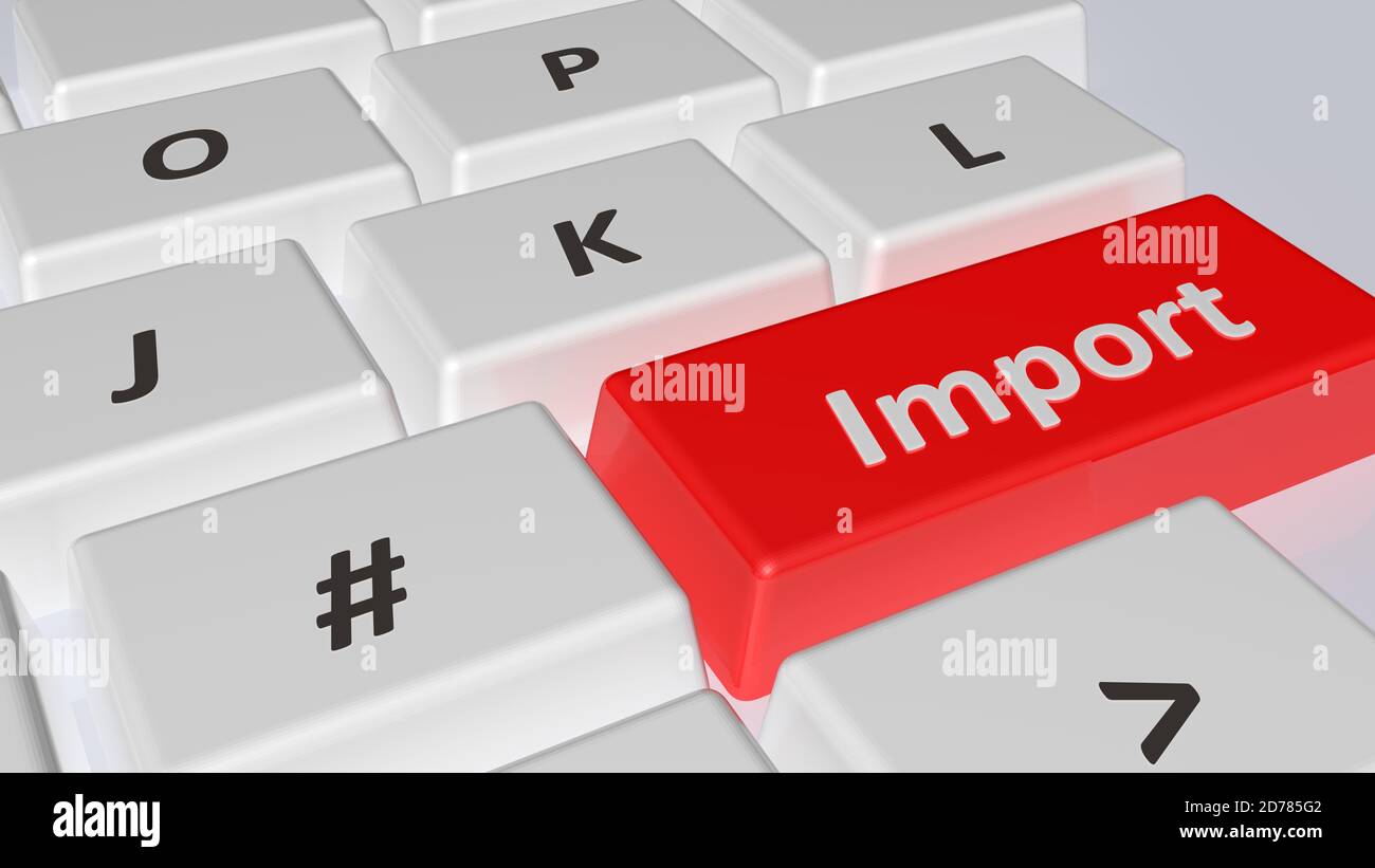 IMPORT write on the red key of a white computer keyboard - 3D rendering ...