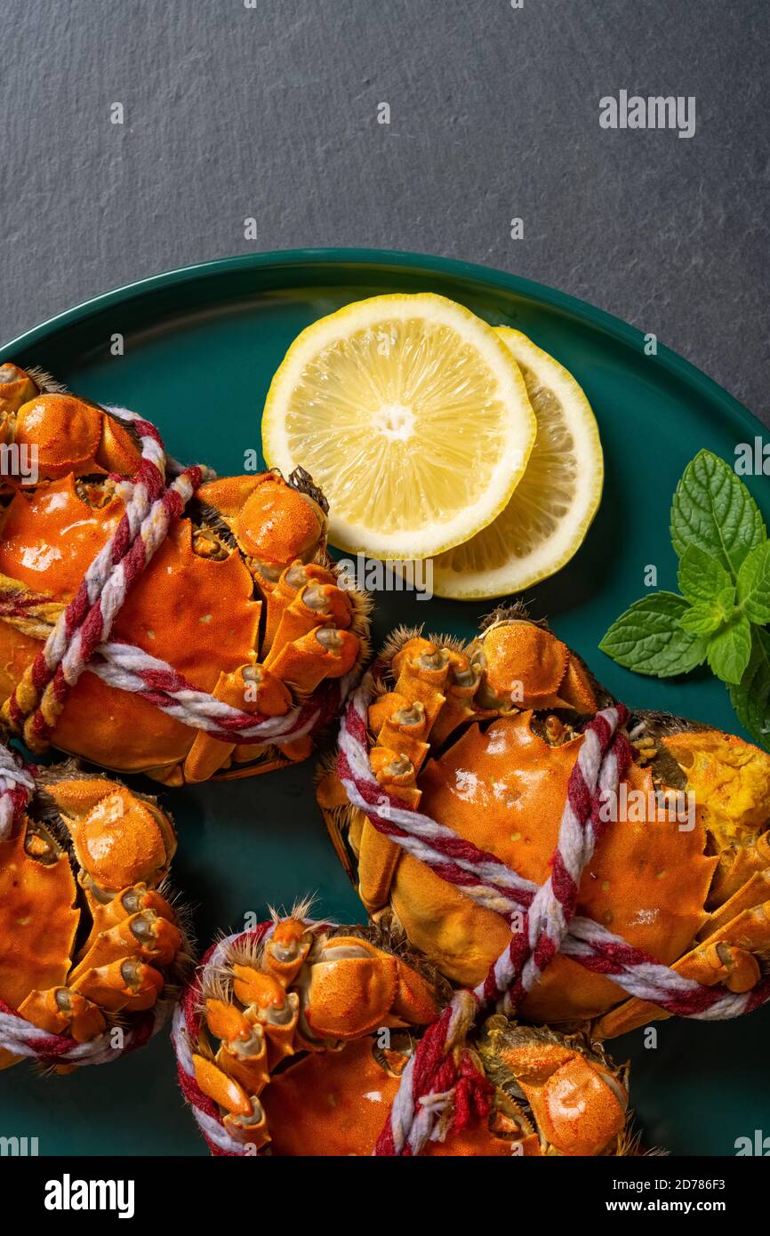 top view fresh cooked crabs vertical composition Stock Photo - Alamy