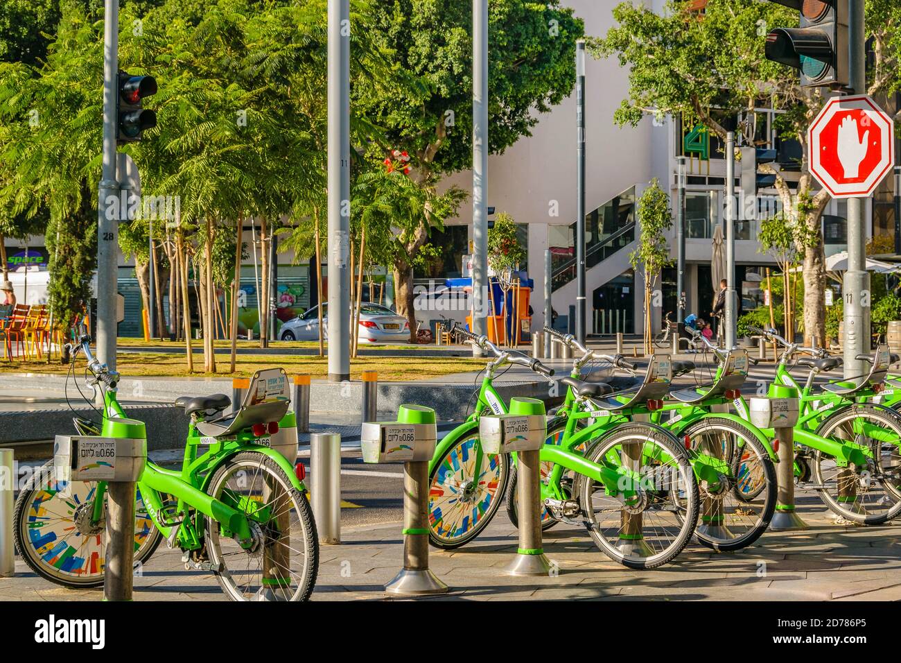 TEL AVIV, ISRAEL, DECEMBER - 2019 - Parked public bicycles at famous ...