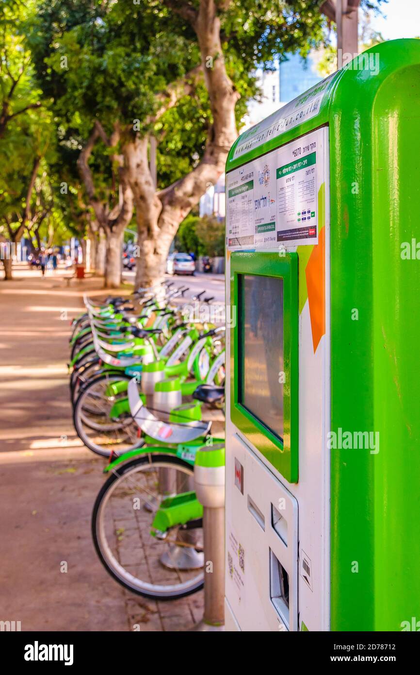 TEL AVIV, ISRAEL, DECEMBER - 2019 - Parked public bicycles at famous ...