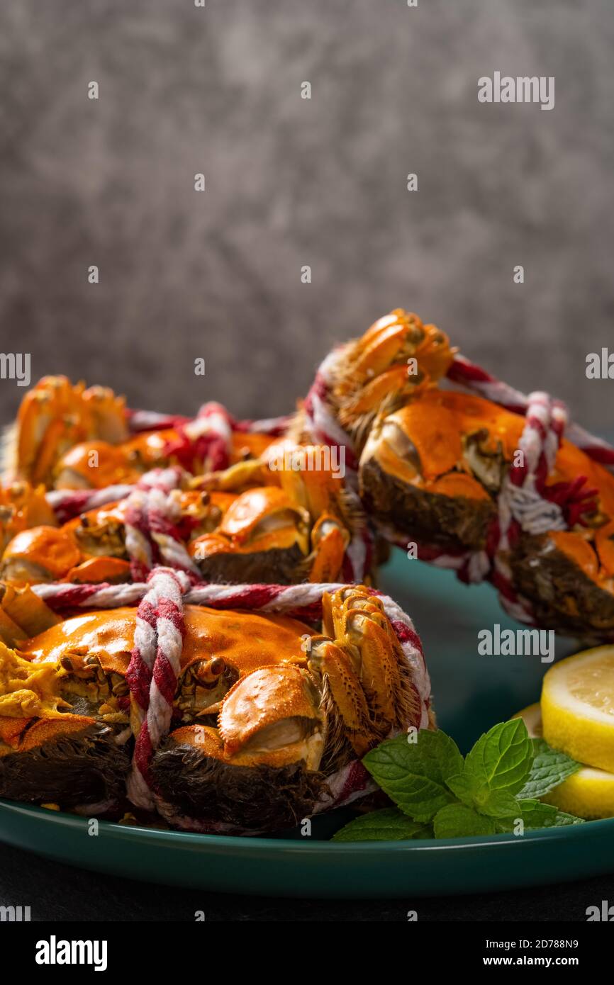 side view fresh cooked crabs vertical composition Stock Photo - Alamy