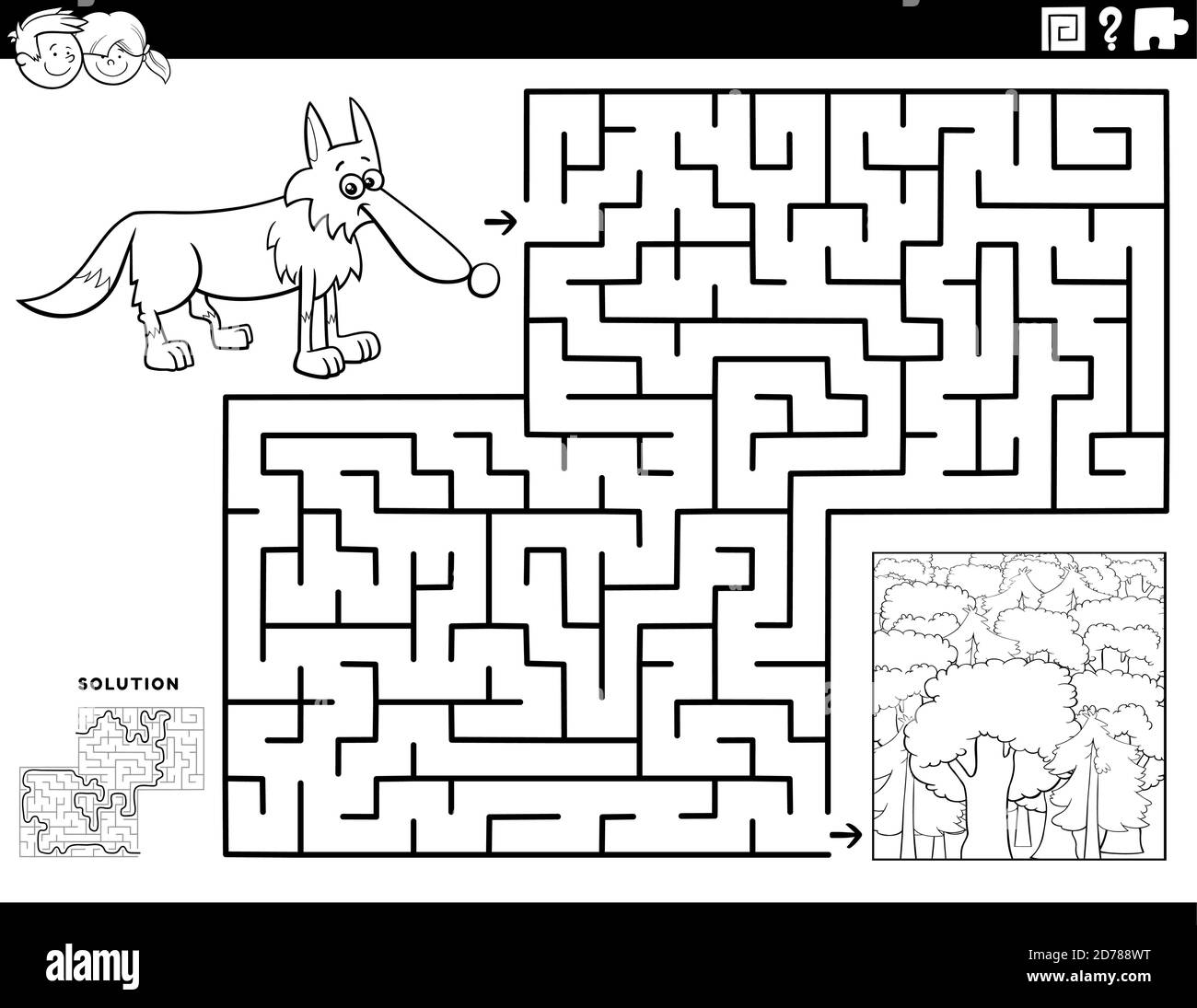 Black and White Cartoon Illustration of Educational Maze Puzzle Game ...