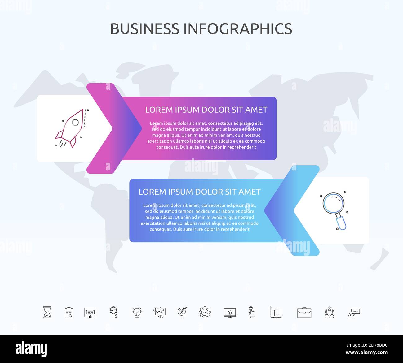 Infographics rectangle with 2 steps, arrows. Vector template used for ...