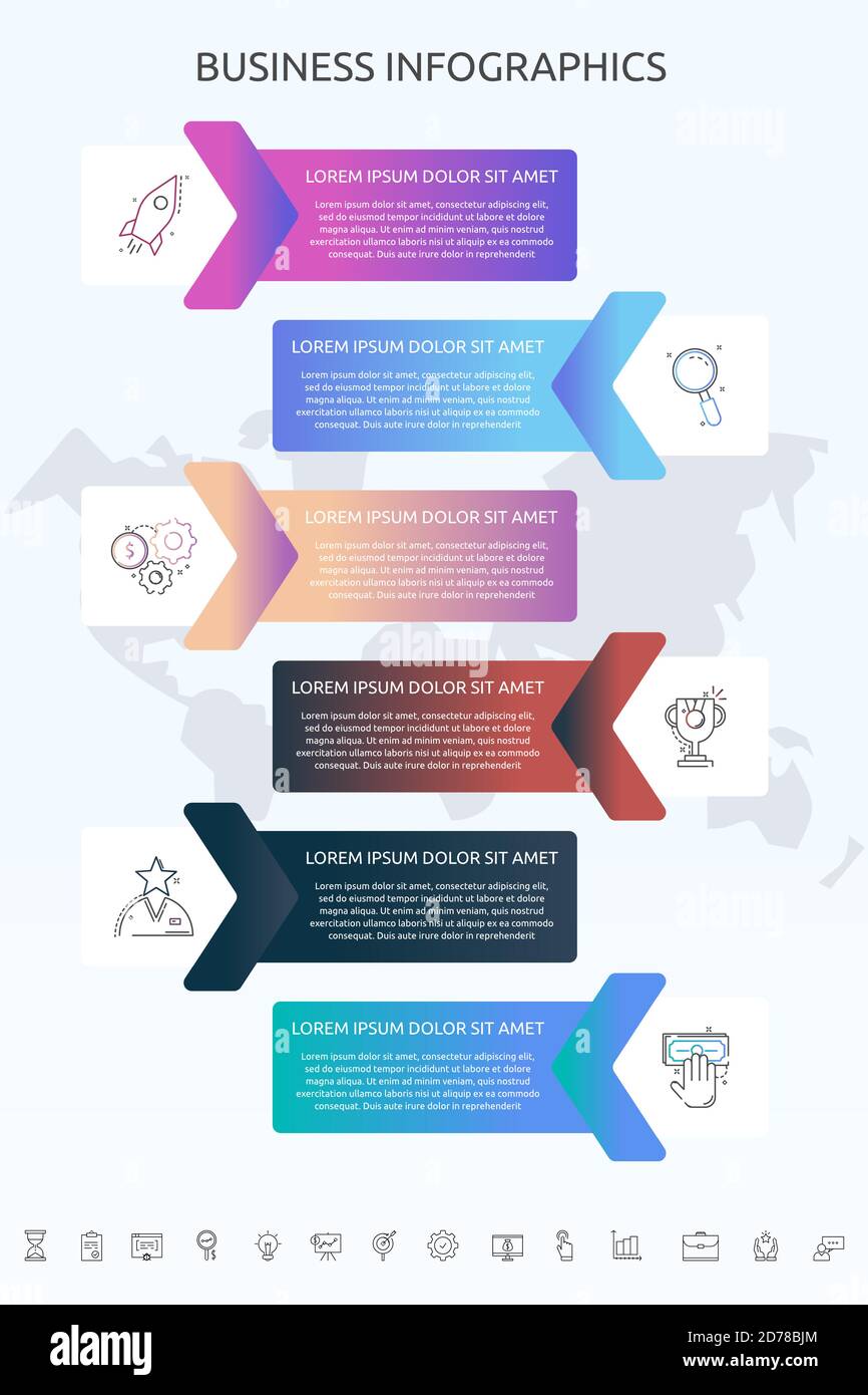 Infographics rectangle with six steps, arrows. Vector template used for ...