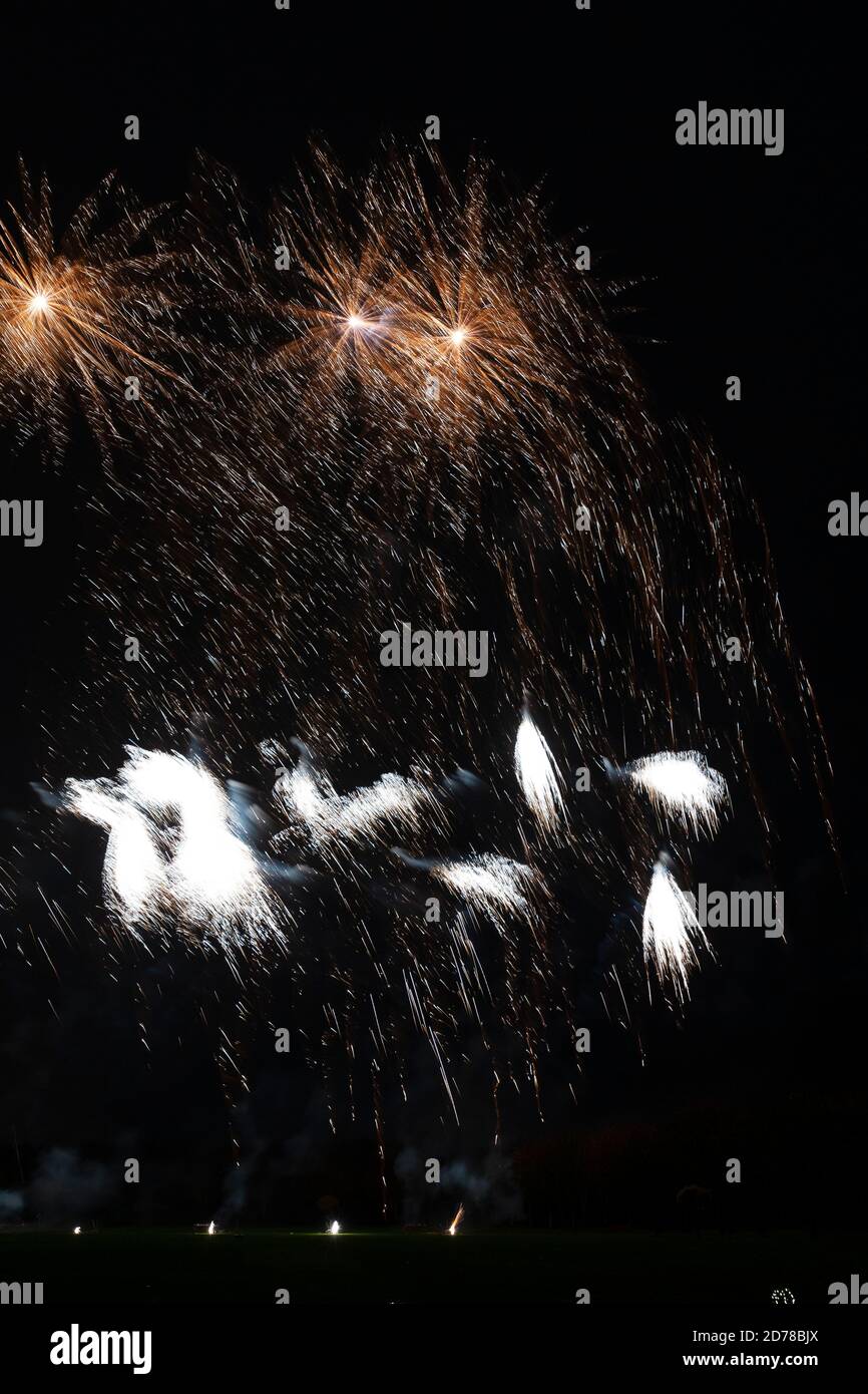 Spectacular and colourful firework display set against a dark Autumn ...