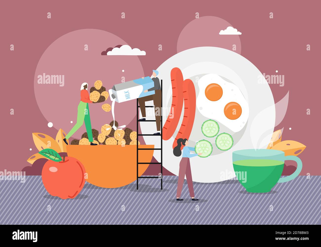 Tiny female cartoon characters, chefs cooking breakfast in the morning ...