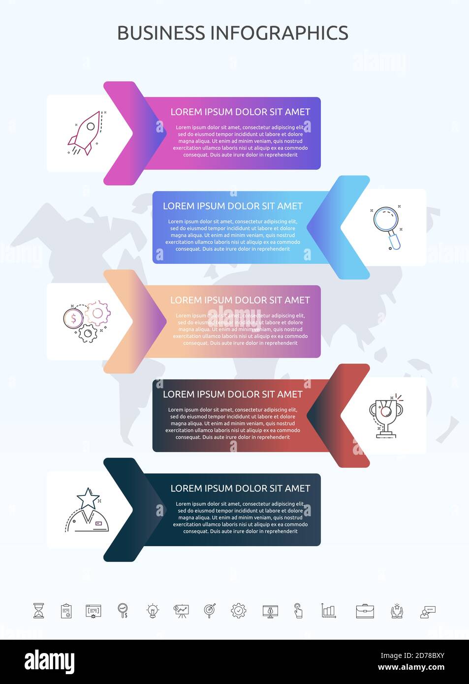 Infographics rectangle with 5 steps, arrows. Vector template used for ...