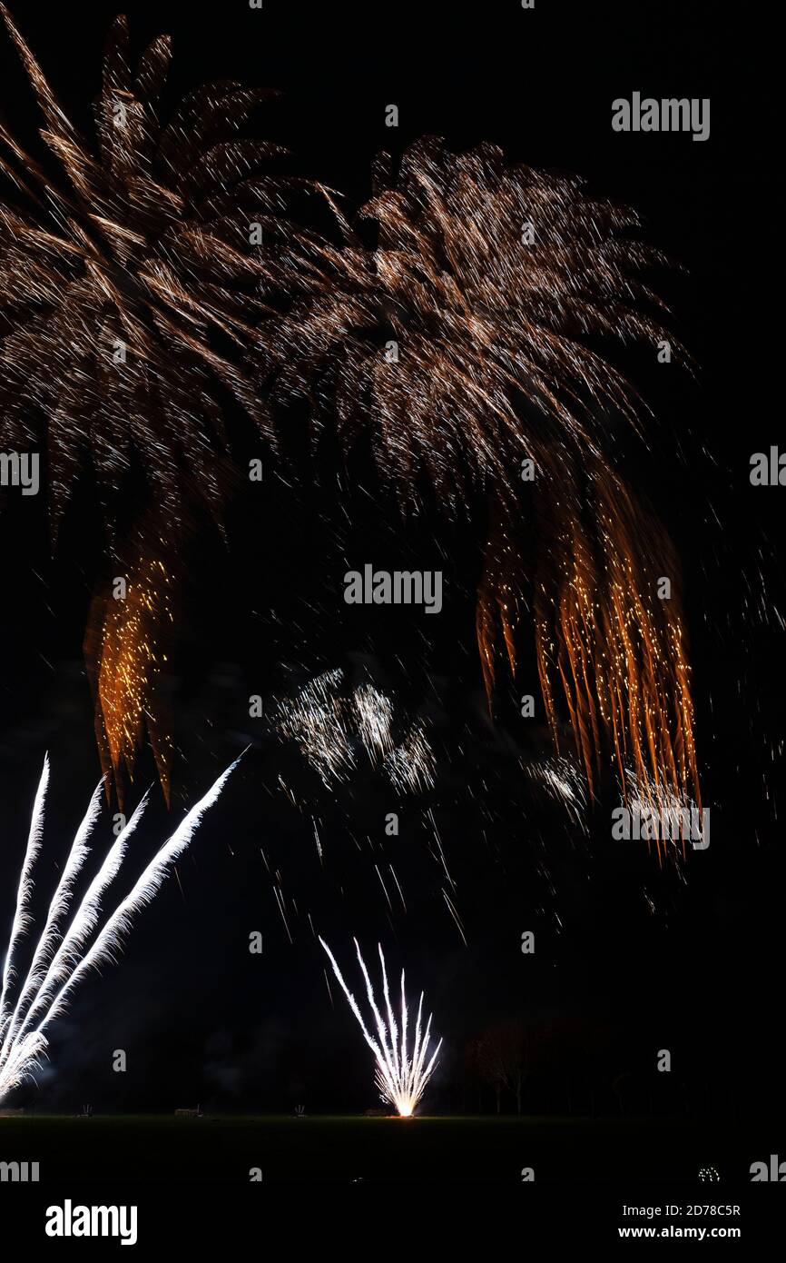Spectacular and colourful firework display set against a dark Autumn ...