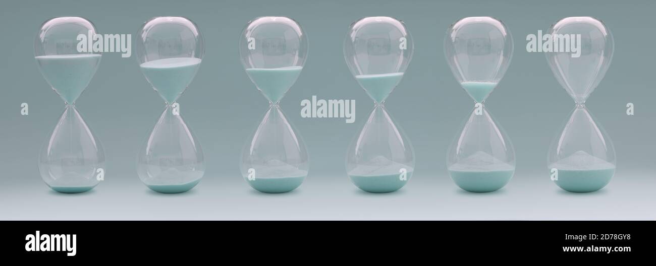Set of different states of hourglasses on turquoise background Stock ...