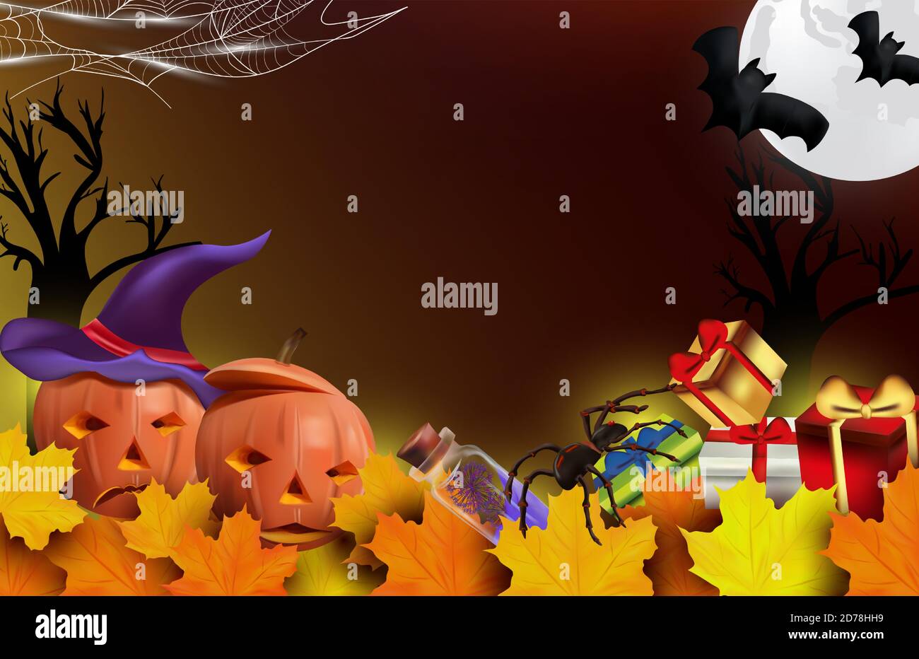 Characters Halloween pumpkins, cobweb, bats, spider, magic potion and ...