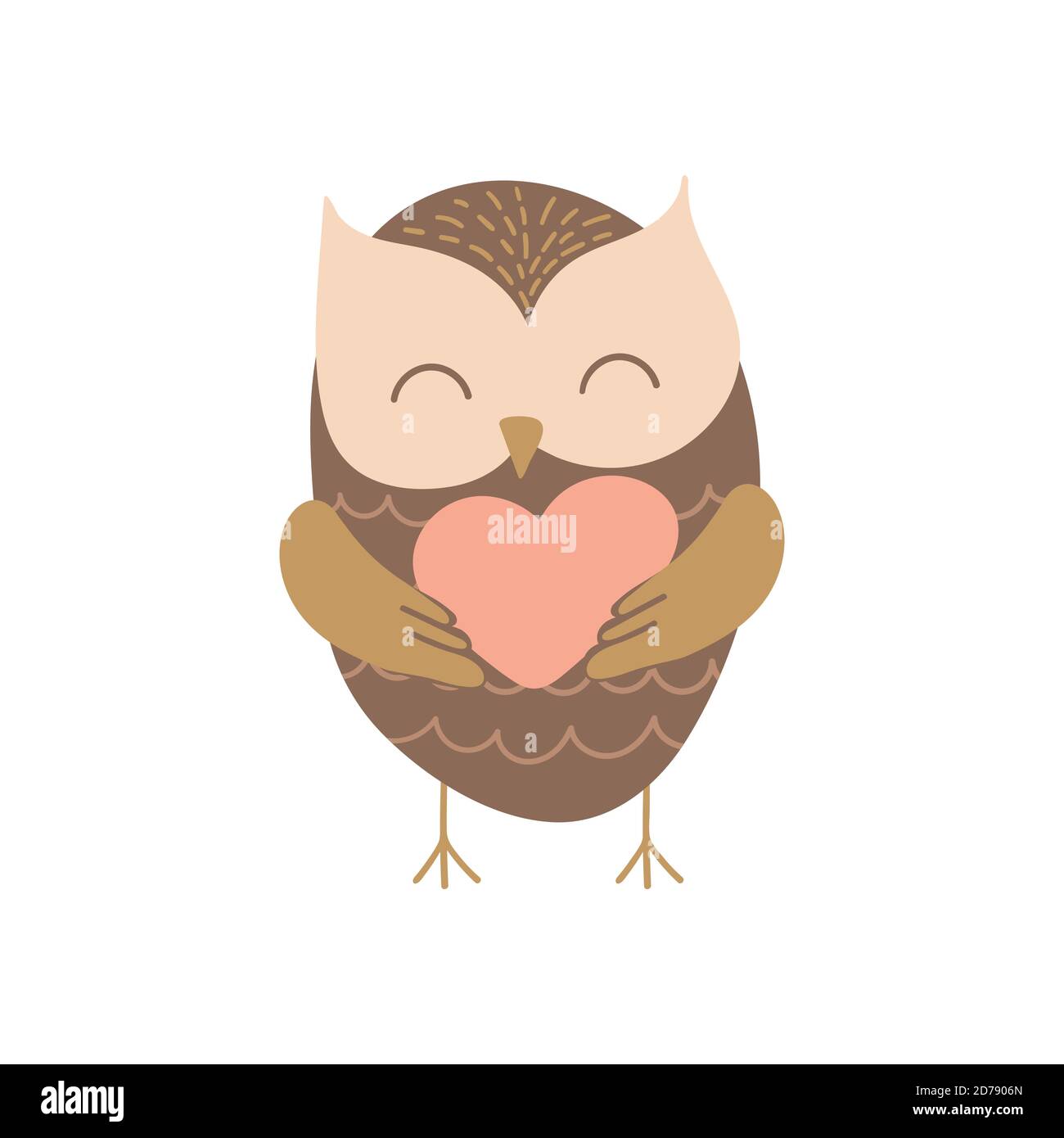 Cute cartoon owl with pink heart. Funny woodland bird isolated on white ...