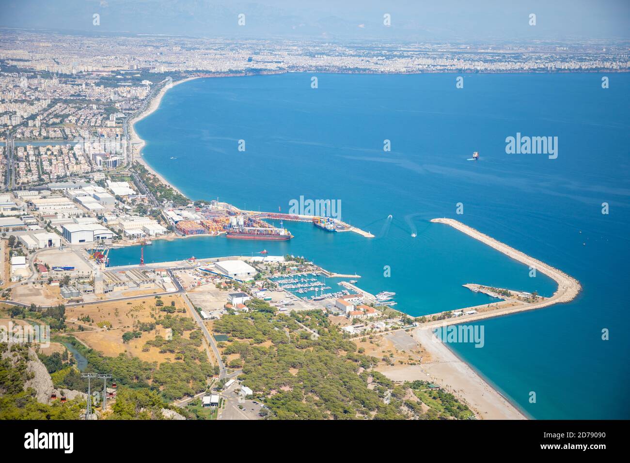 Aerial view of beautiful blue Gulf of Antalya, Konyaalti beach and ...