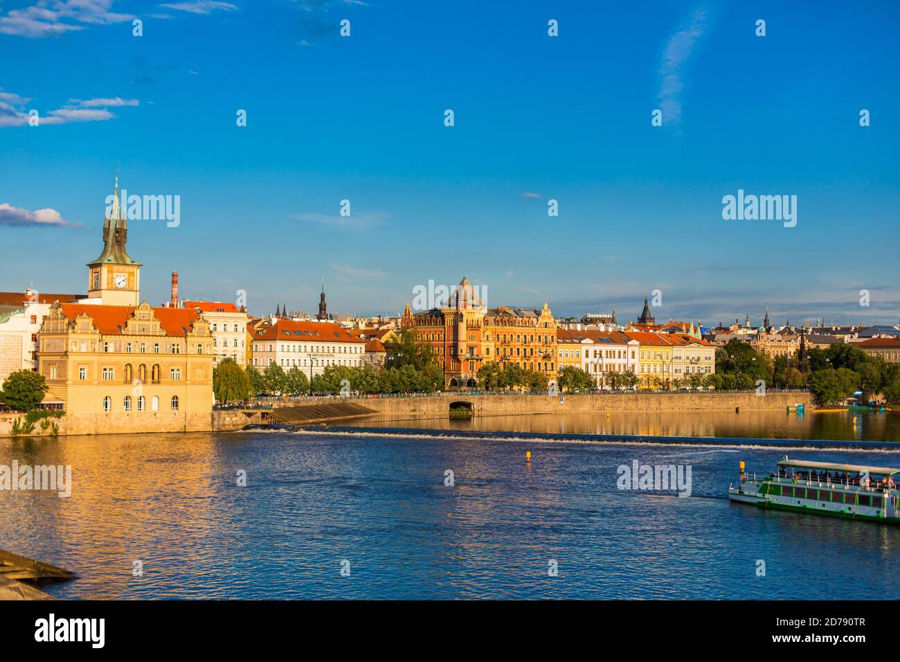 Summer landscape of Prague view of the Ltava river on which ferries ...