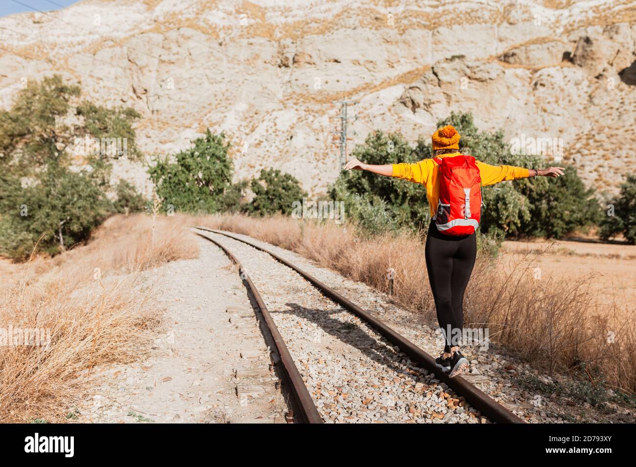 Back view of professional female hiker with tourist backpack exploring ...