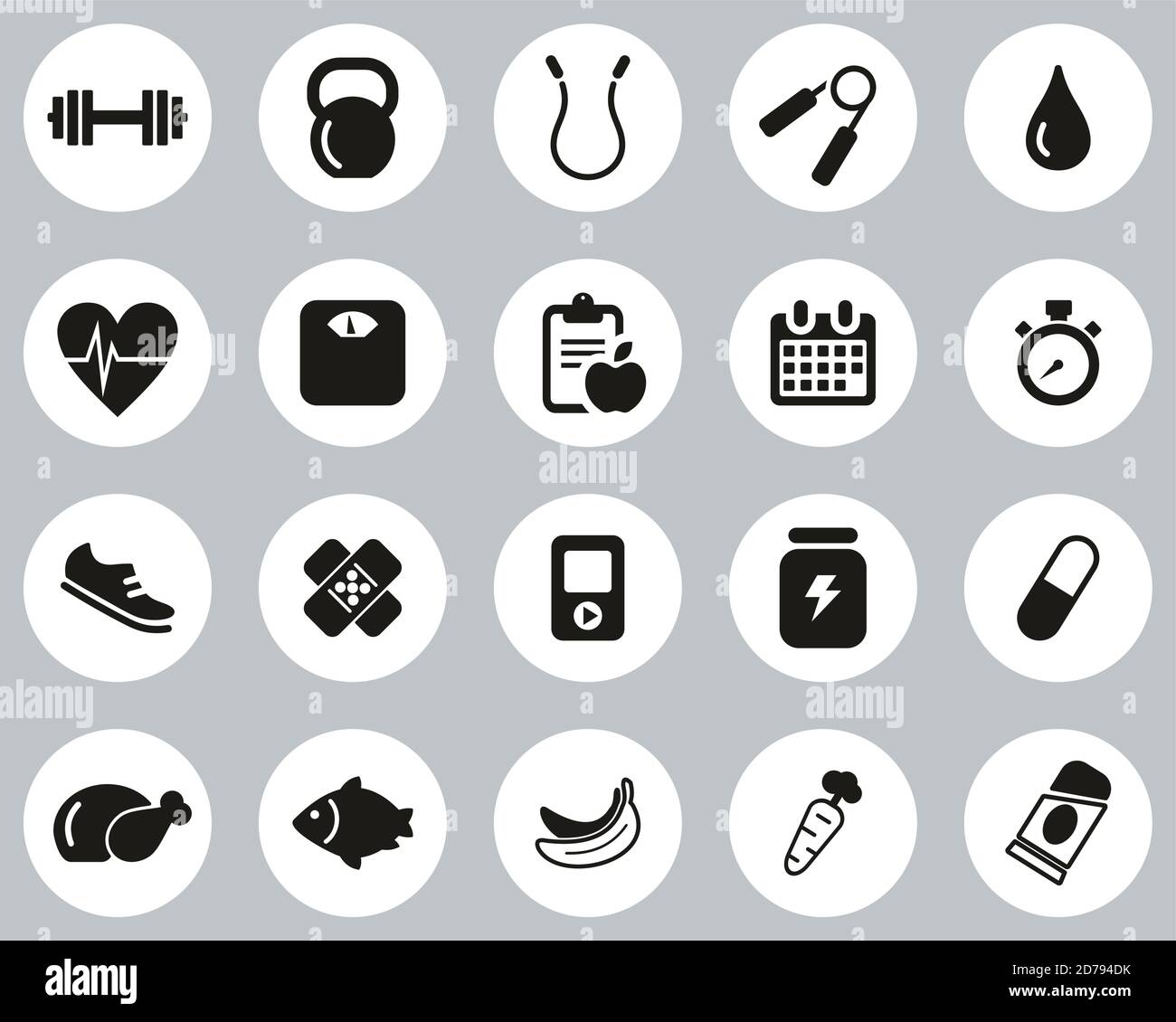 Fitness & Fitness Equipment Icons Black & White Flat Design Circle Set ...