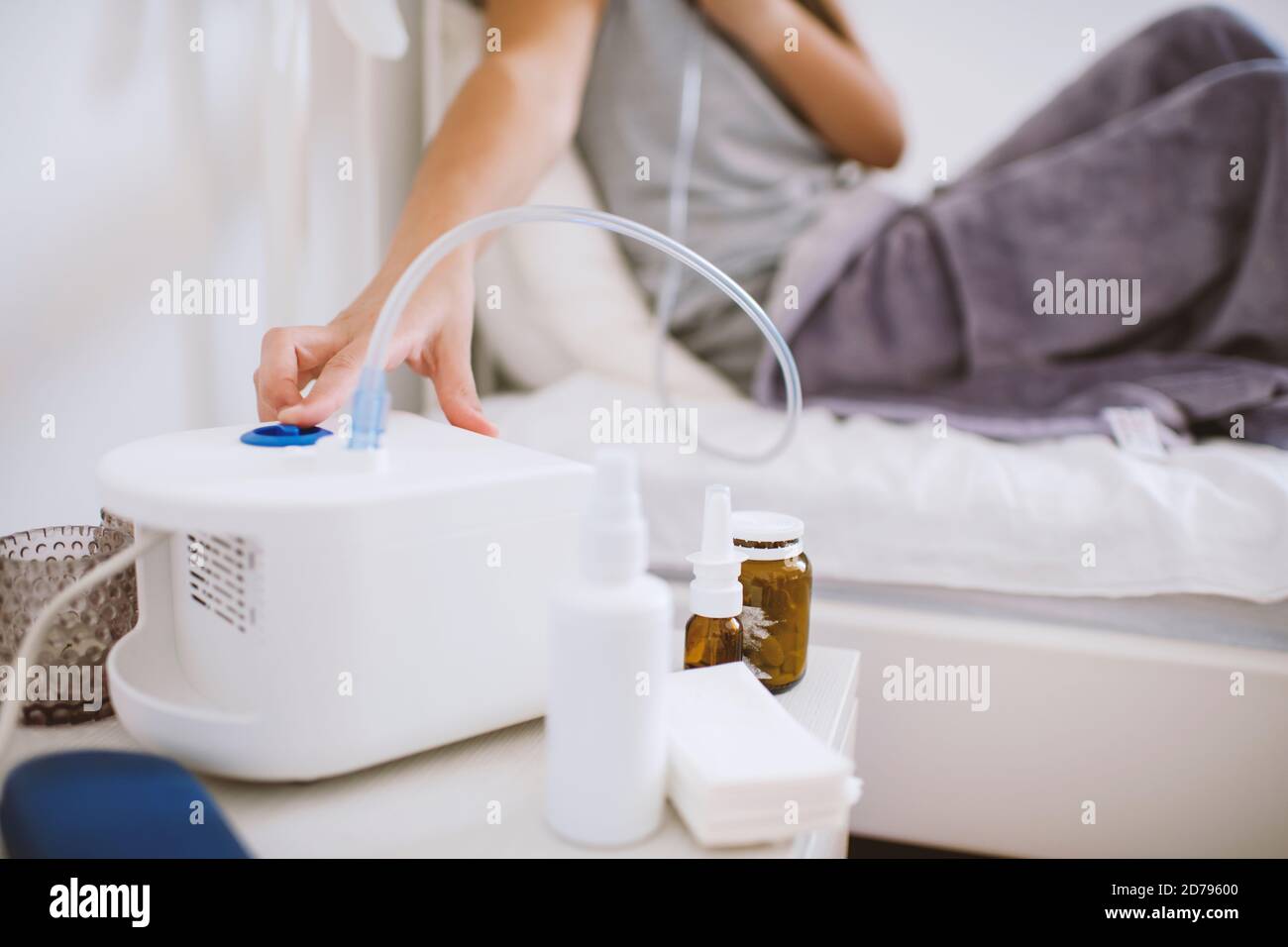 aucasian girl with mask for inhalation. Prevention of bronchitis ...