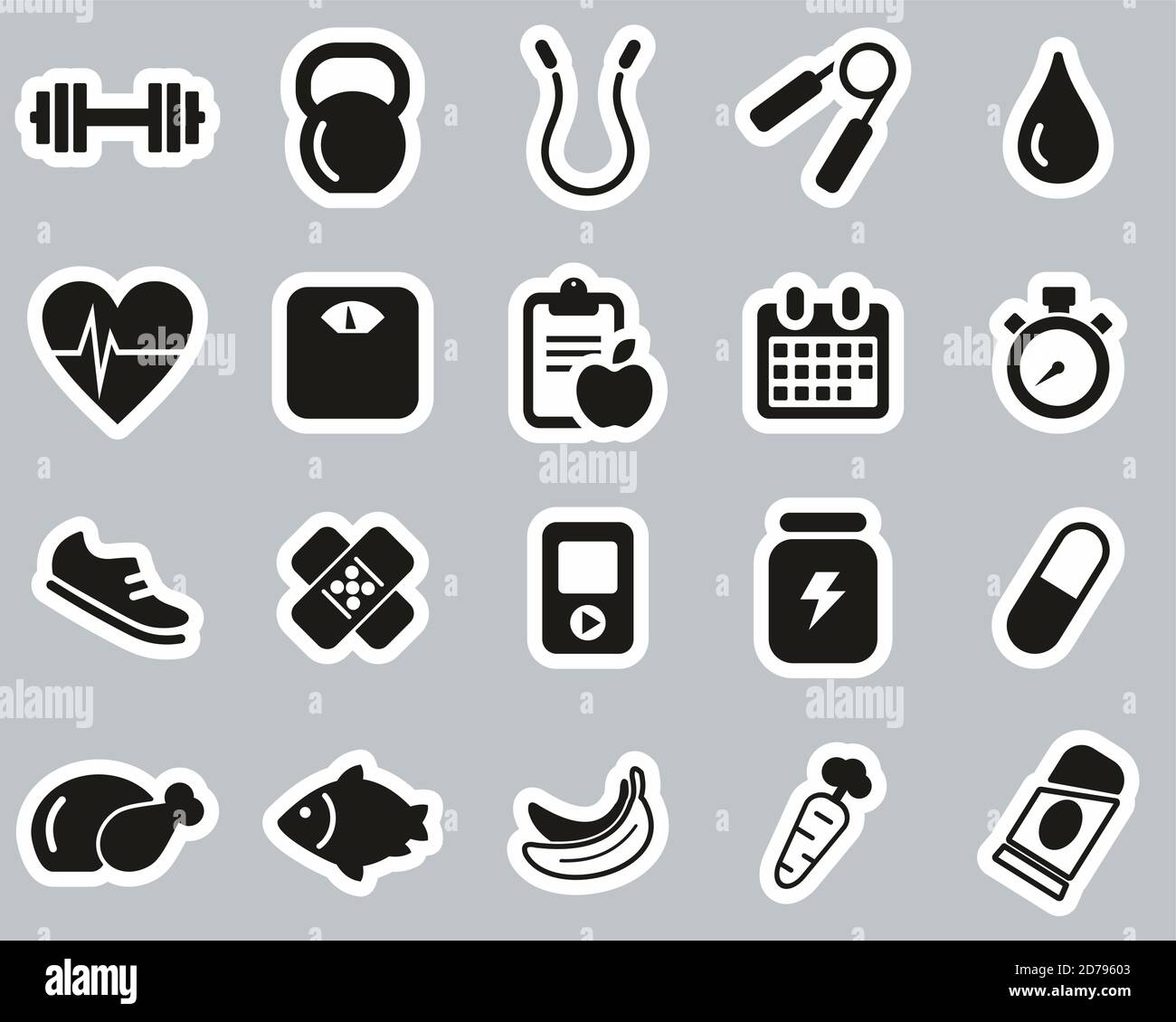Fitness & Fitness Equipment Icons Black & White Sticker Set Big Stock ...