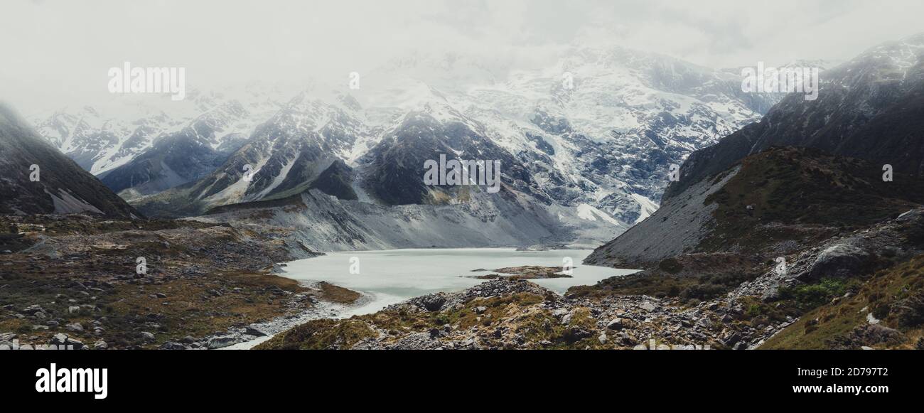 Mountains, lakes and meadow landscape in cold climate country with snow ...