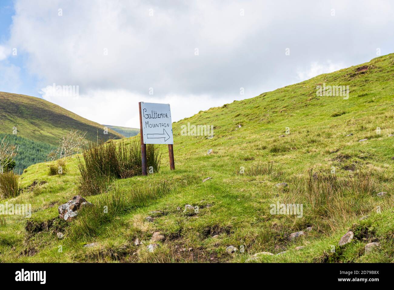 Handmade sign indicating the route to the top of Galtee mor mountain ...