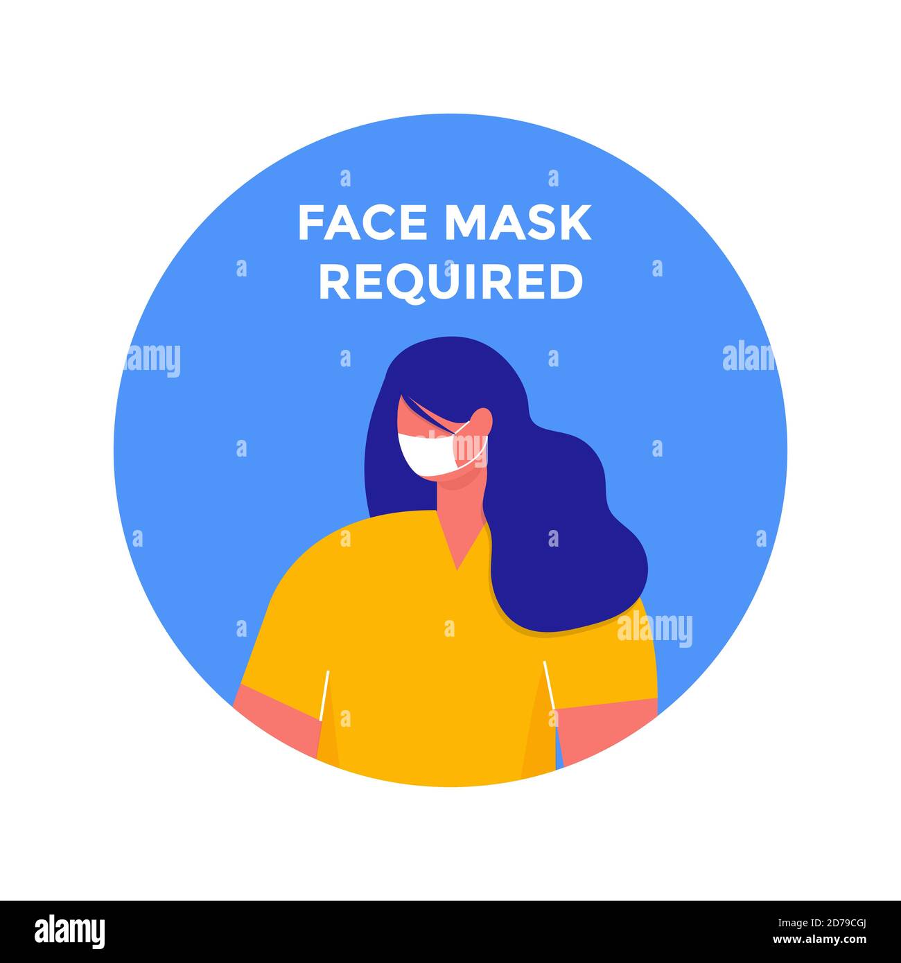 Woman with face mask in rounded frame. Mask required warning prevention ...