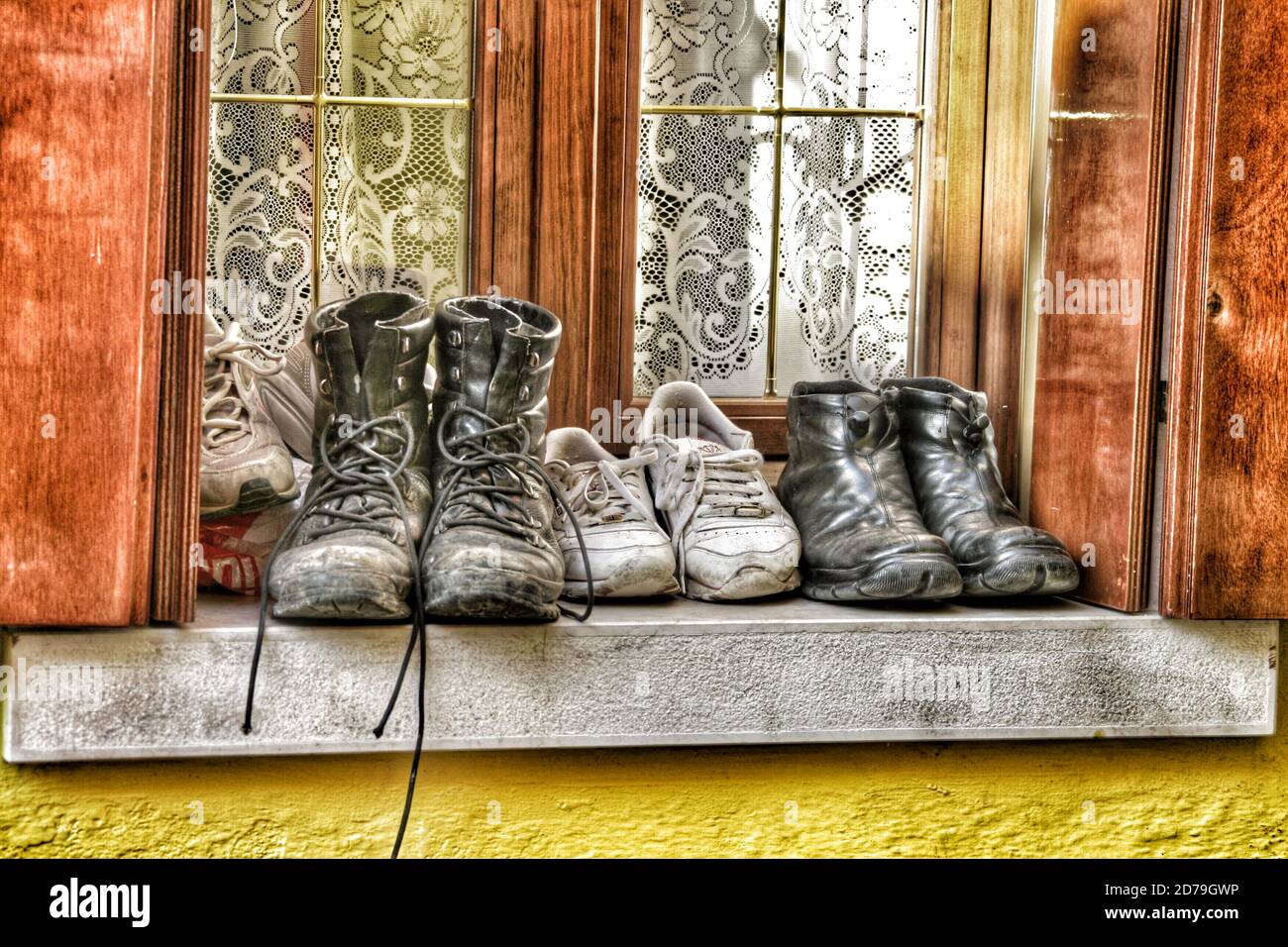 Shoes standing in front of a window, Venice, Italy, Europe Stock Photo ...