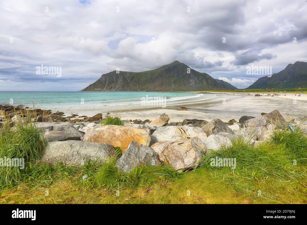 Flakstad beach located on the Norwegian Lofoten islands is popular plac ...
