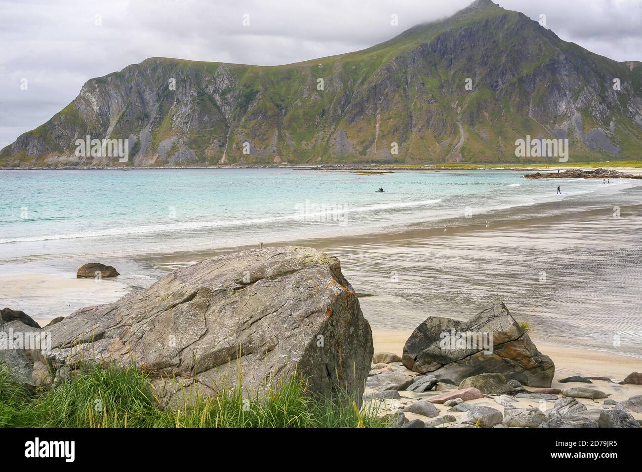 Flakstad beach located on the Norwegian Lofoten islands is popular ...