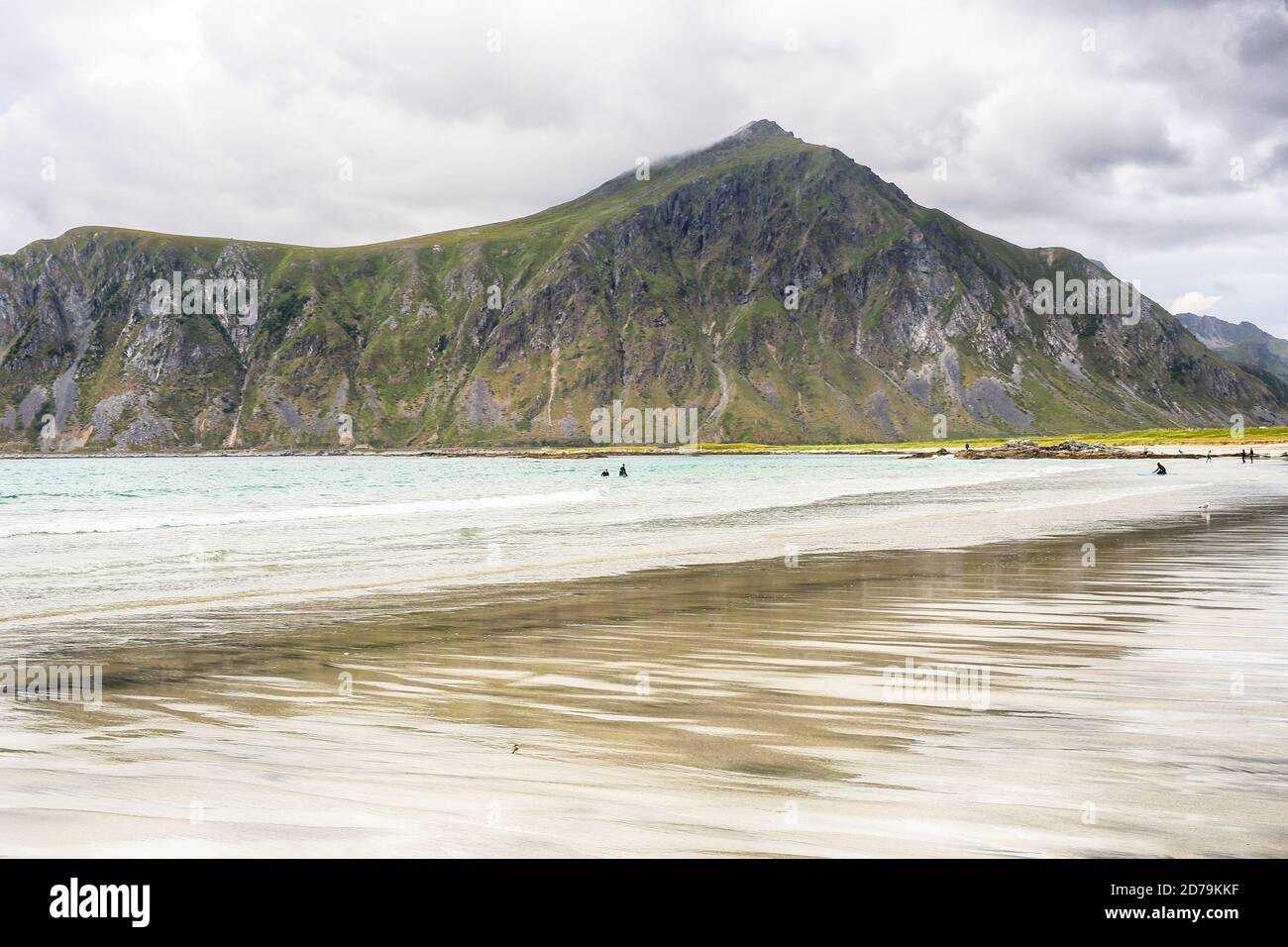 Flakstad sandy beach located on the Norwegian Lofoten islands Stock ...