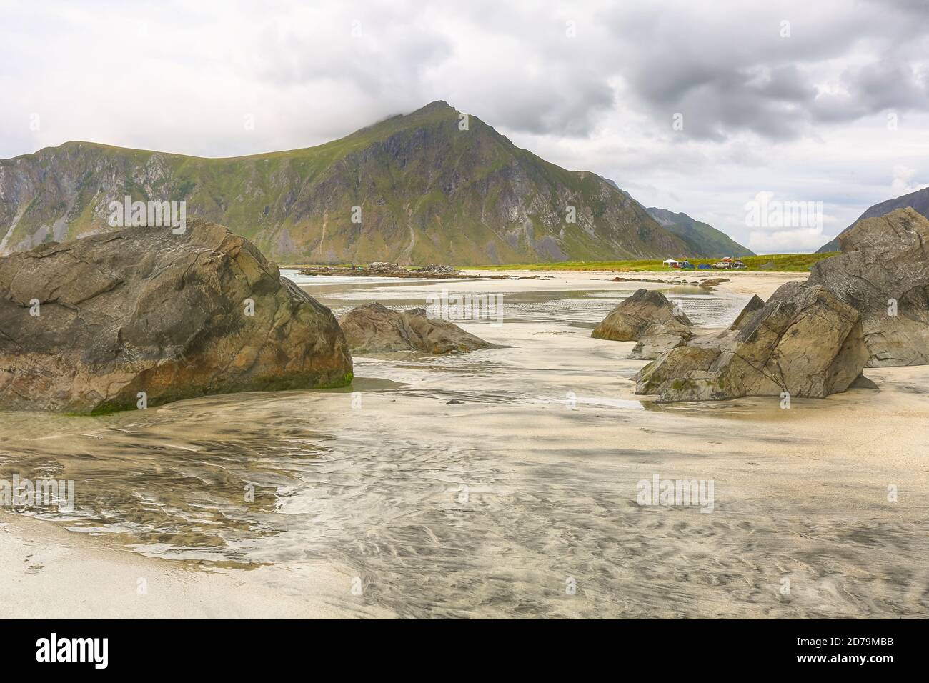 Flakstad sandy beach located on the Norwegian Lofoten islands, popular ...