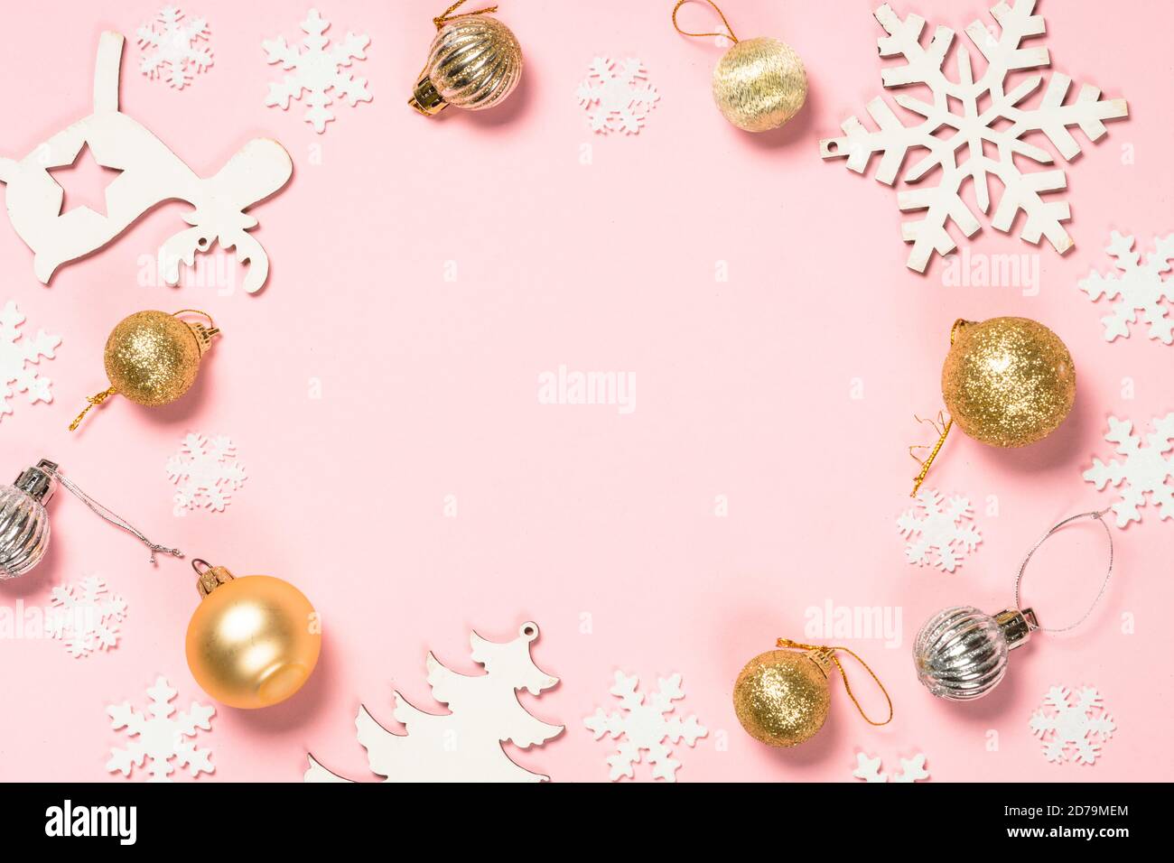 Christmas pink flat lay background with holiday decorations Stock Photo ...