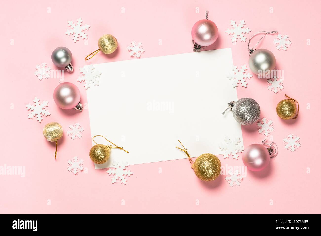 Christmas pink flat lay background with present box and decorations ...