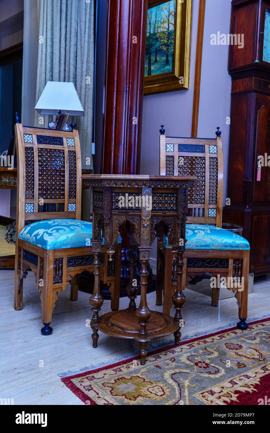 Arabic antiques store. Two chairs and a traditional Arabic table Stock ...