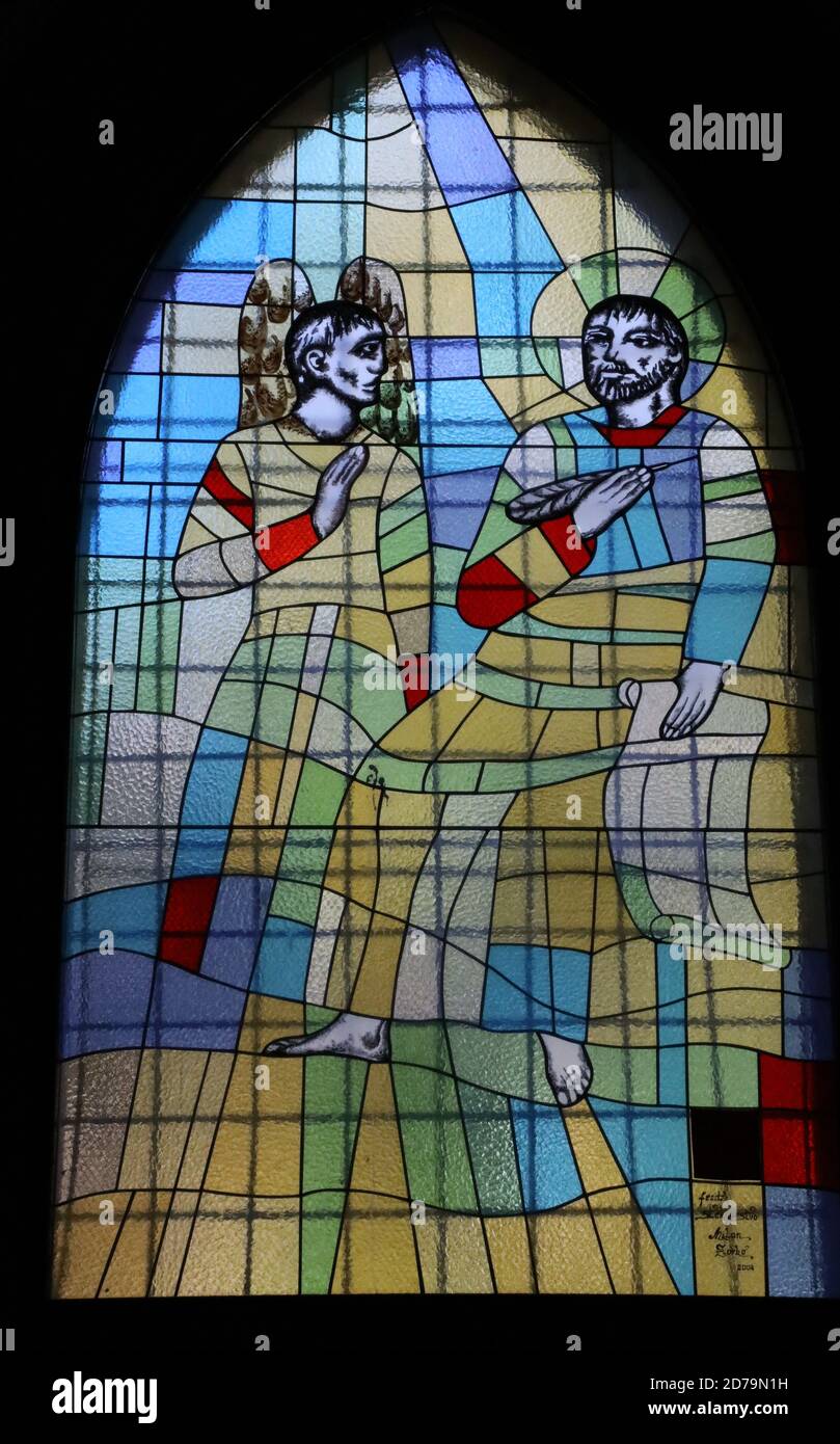 Stained glass window dated 2004 in Maribor Cathedral Stock Photo - Alamy