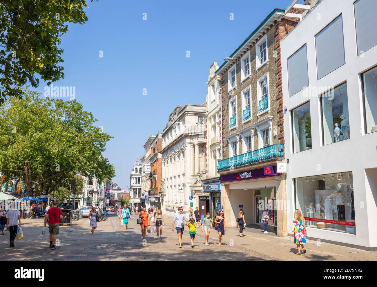 Norwich city centre with Nat West bank and shops with people shopping ...