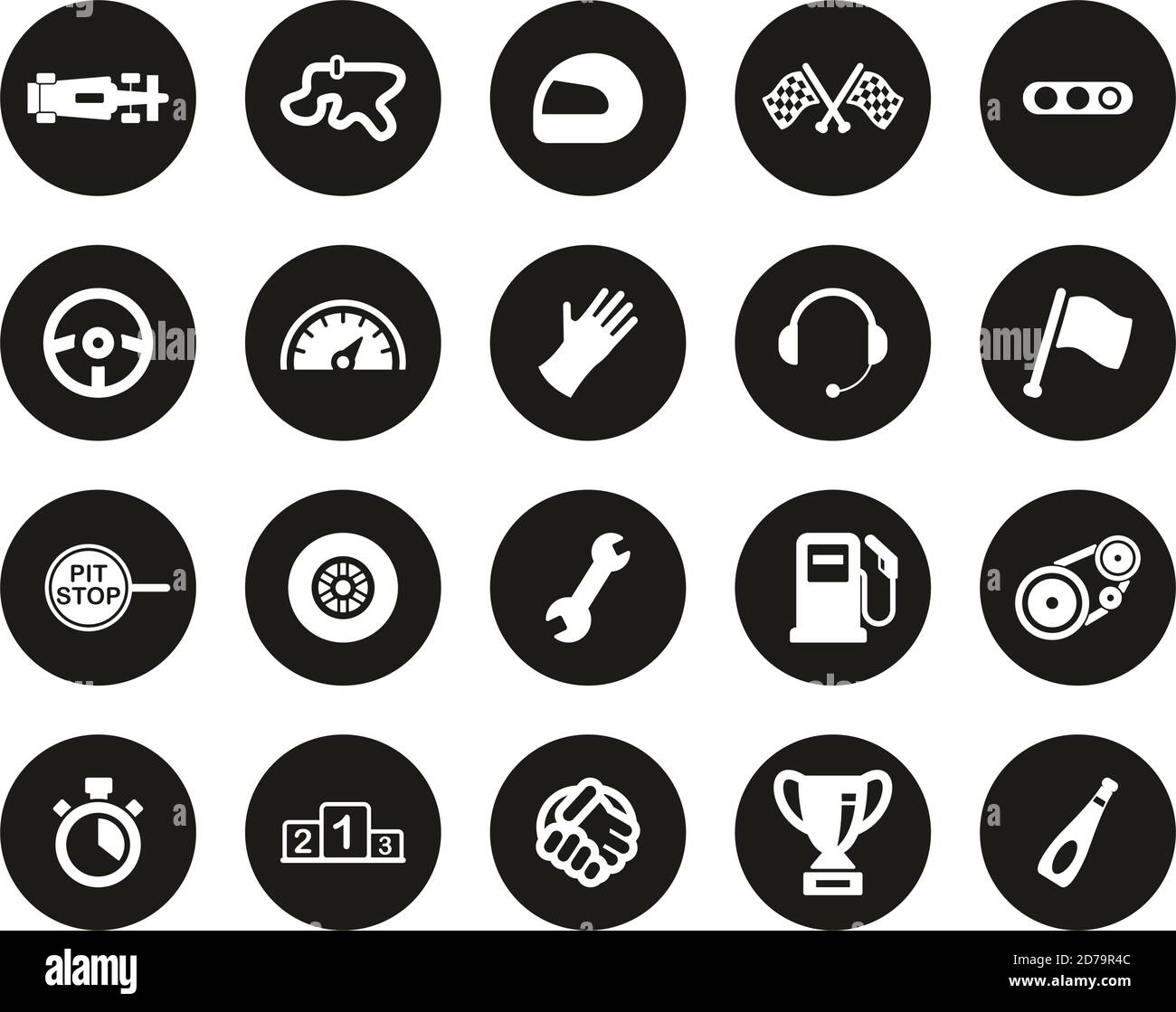 Formula Racing Icons White On Black Flat Design Circle Set Big Stock ...