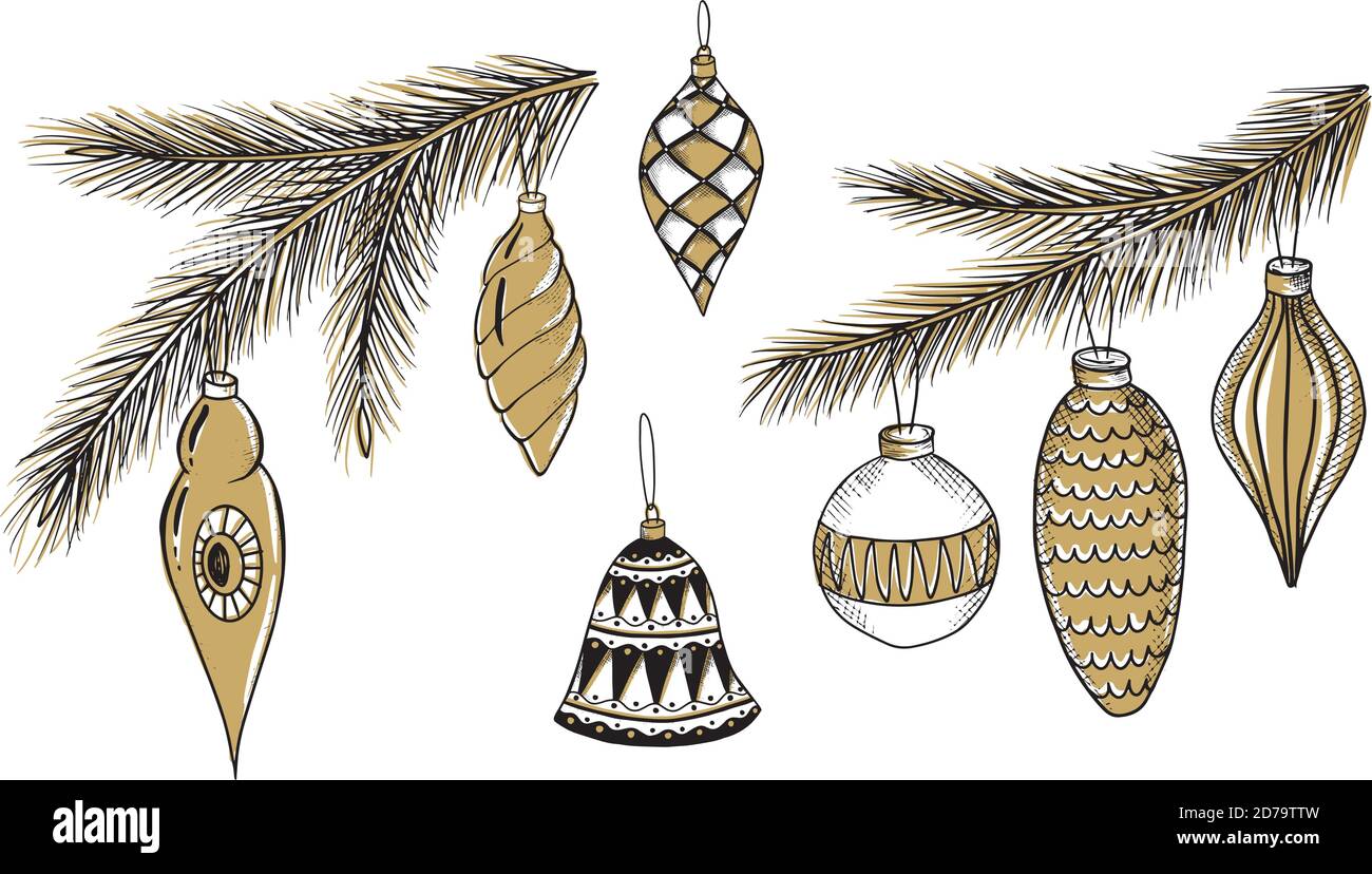 Hand drawn set of Christmas decorations. Template for greeting cards ...
