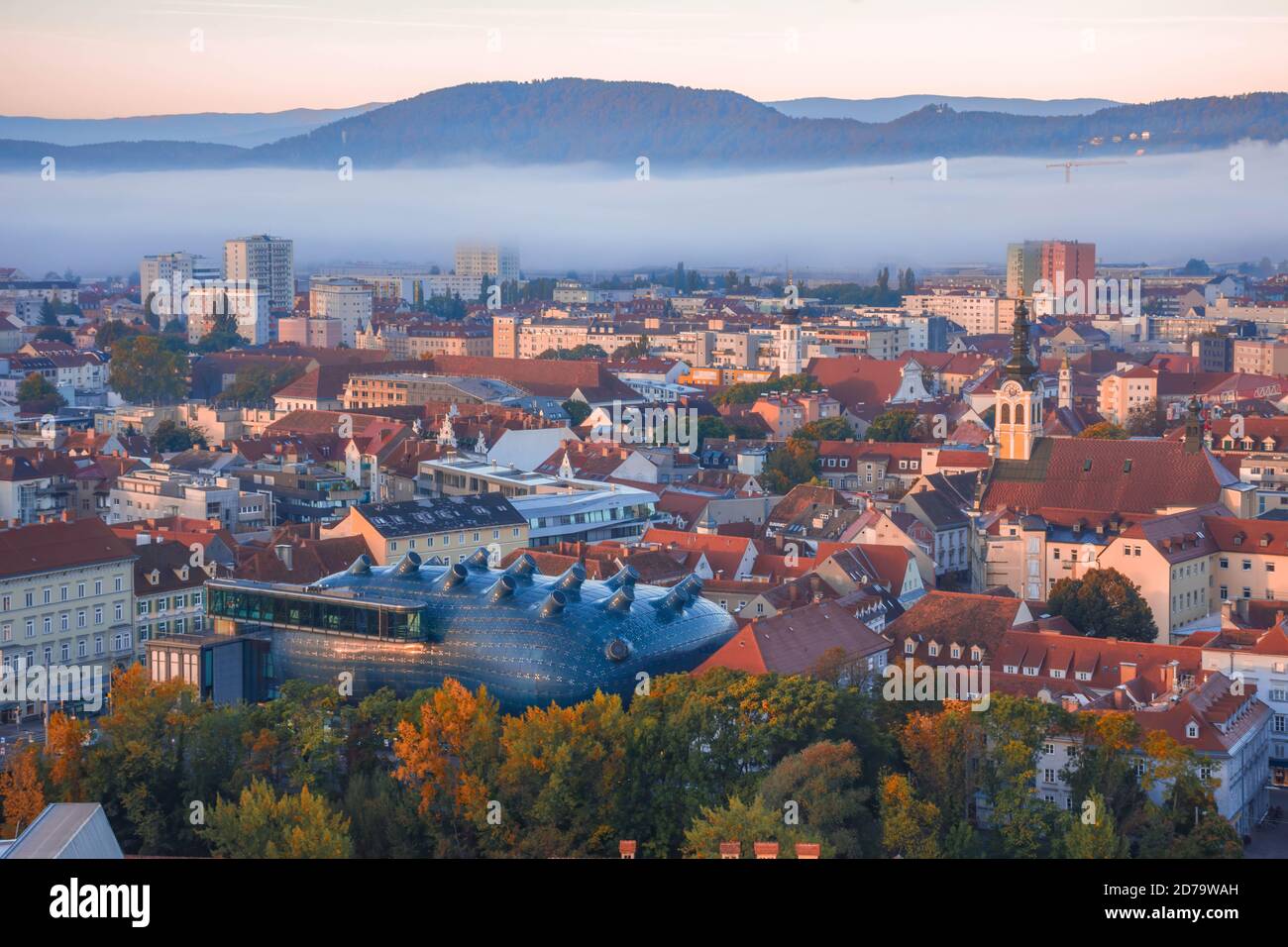 Cityscape of Graz with Kunsthaus Graz, the ultra-modern Art Museum for ...