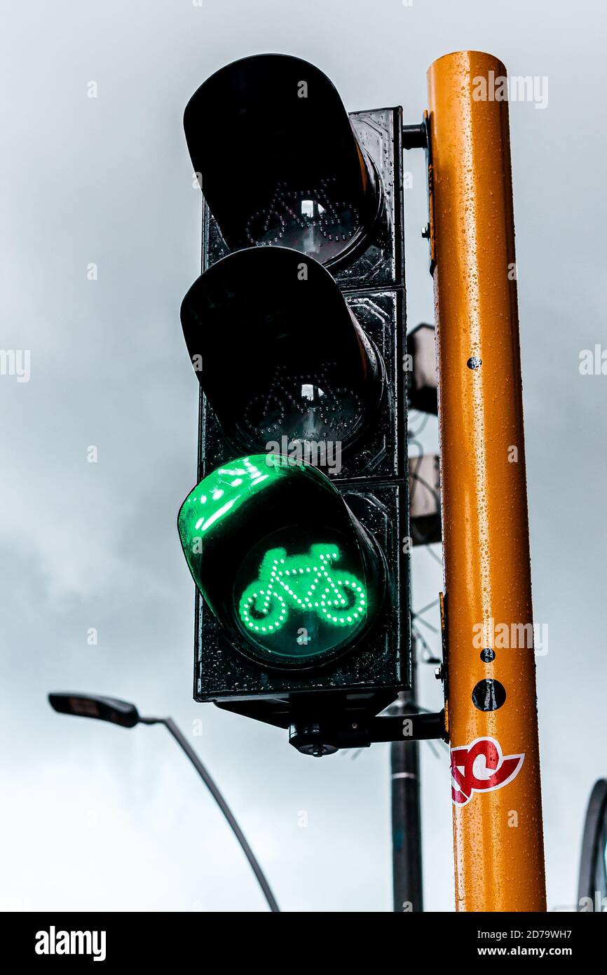 bicycle traffic light, in one of the city's cycle routes, Bogotá ...
