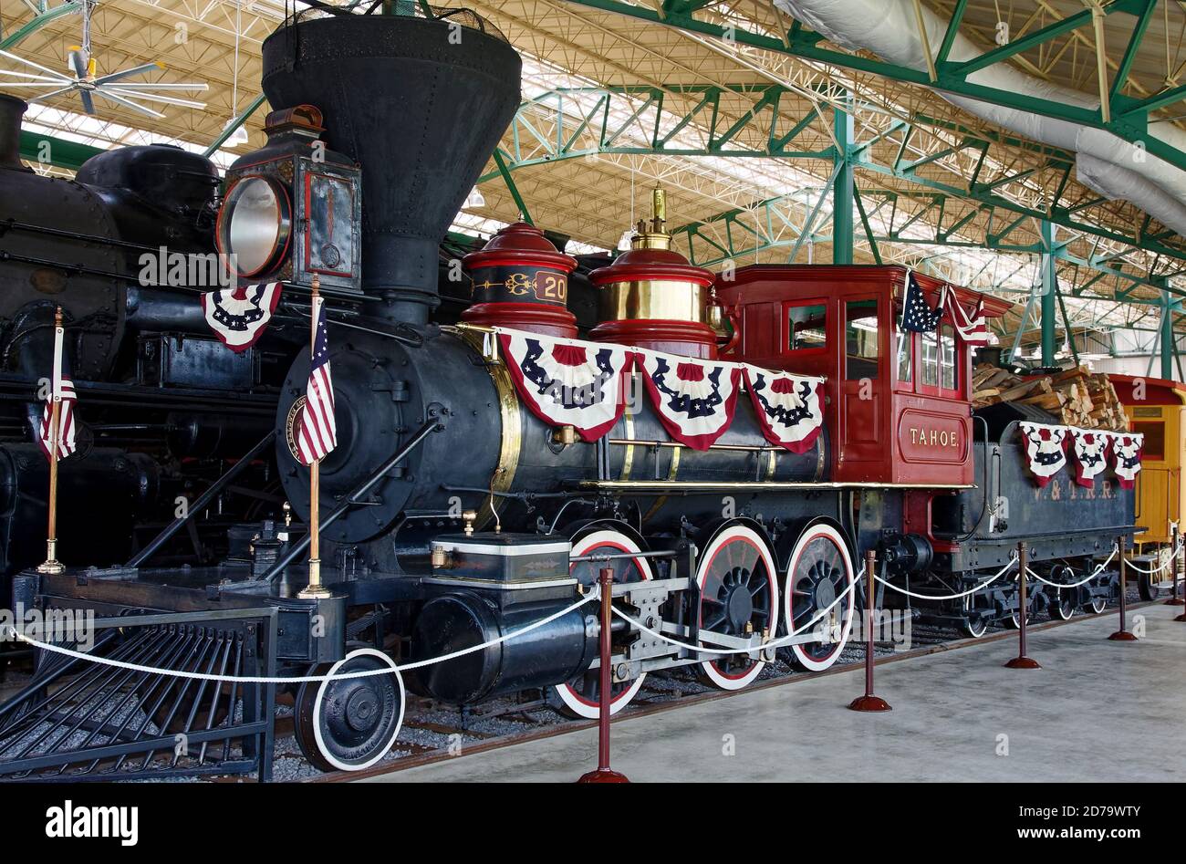 antique steam locomotive, Tahoe,1875, restored, decorated, bunting, USA ...