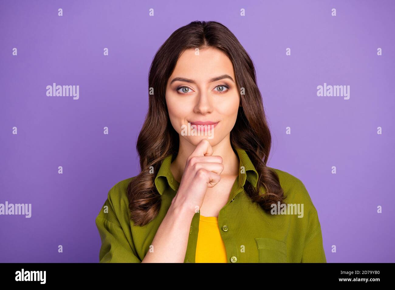 Portrait of clever intelligent nice girl touch hands face ready think ...