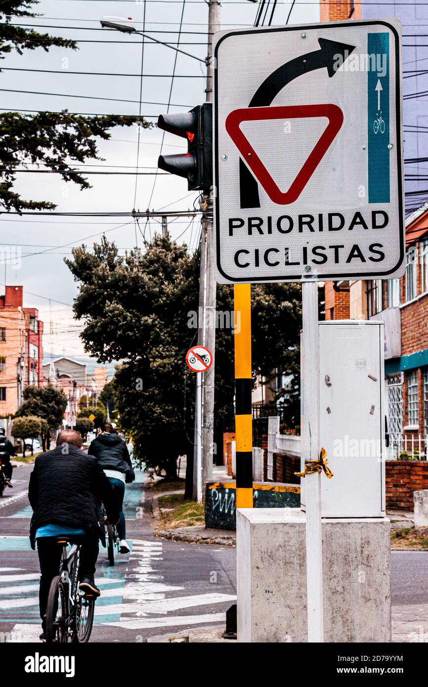Cyclists priority sign on a bike path in the city, Bogotá Colombia ...