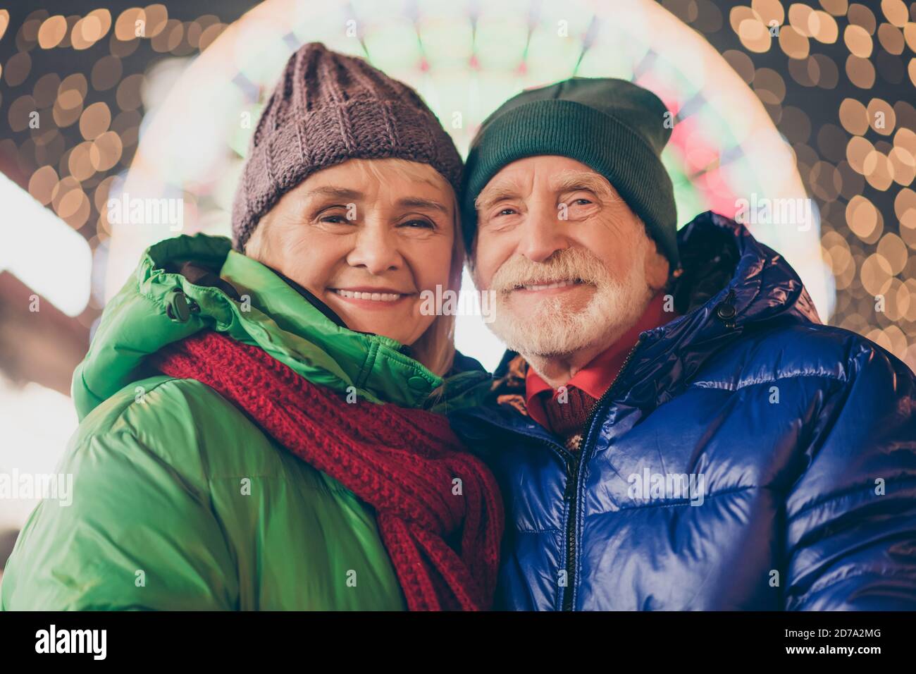 Photo of two people retired lovers couple cozy cuddle cheek-to-cheek ...