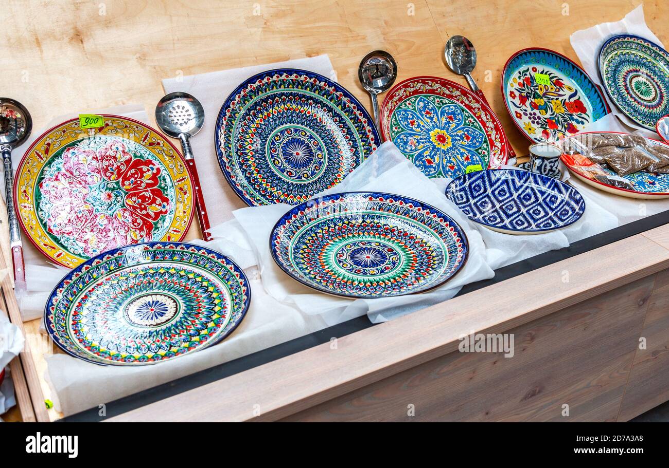 Ethnic Uzbek ceramic round plates with traditional Uzbek ornaments ...