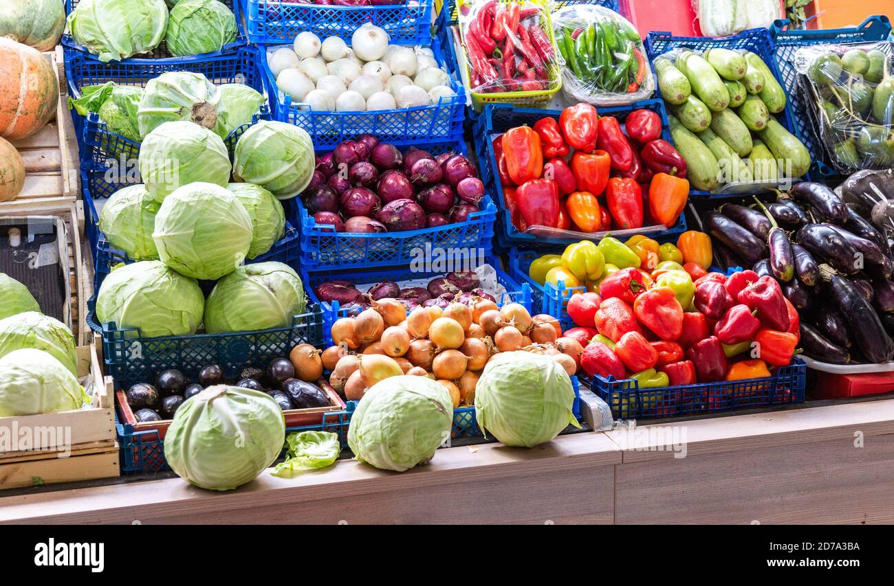 Various fresh organic vegetables at farmers market close up Stock Photo ...