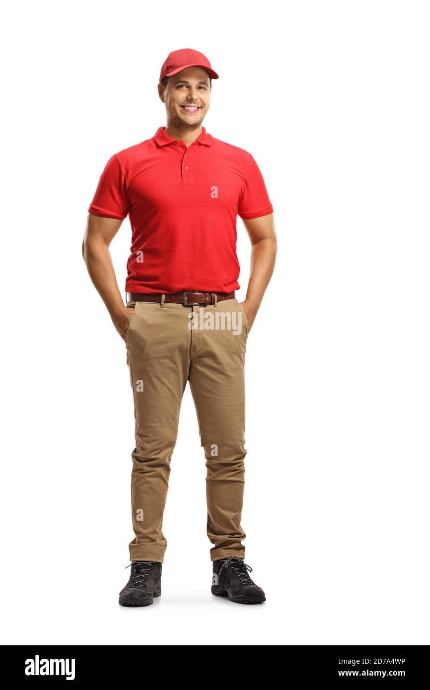 Full length portrait of a male worker in a uniform posing isolated on ...